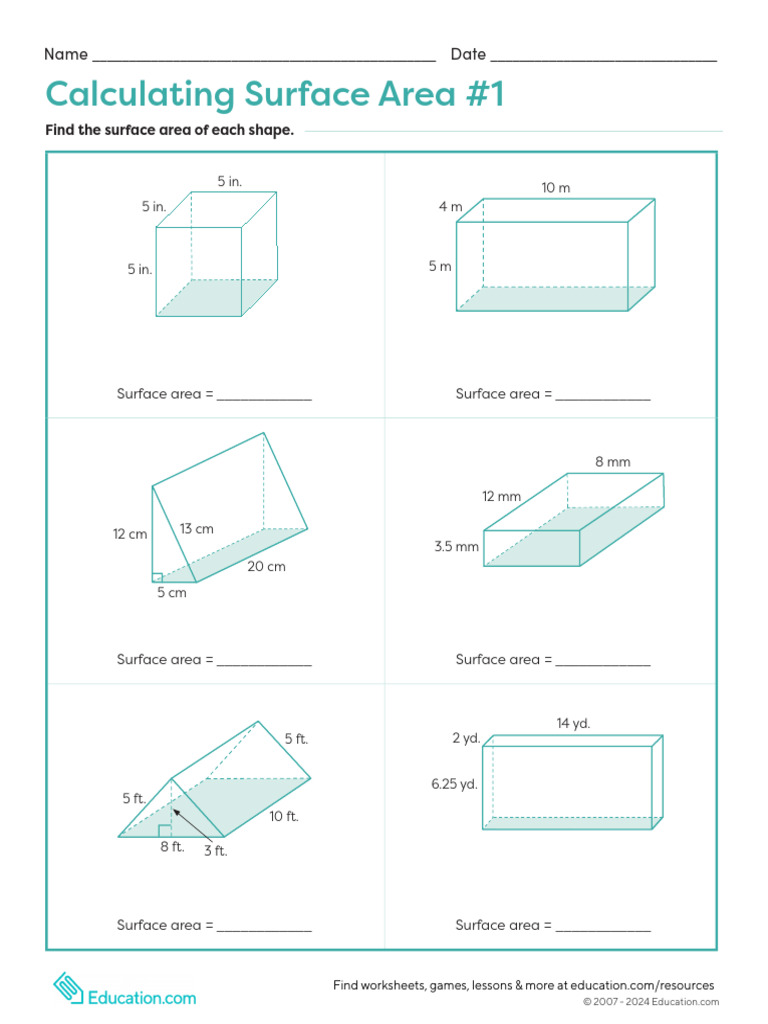 Surface Area Calculation Worksheet | PDF