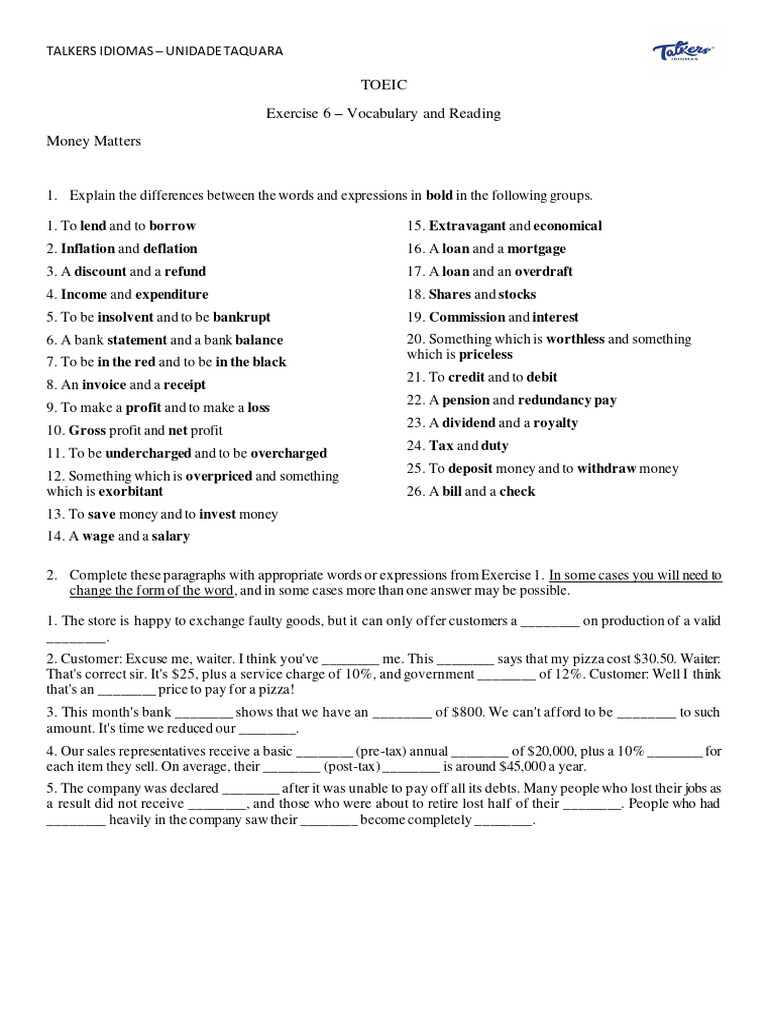 Toeic Exercise 6 Vocab MONEY MATTERS Reading | PDF | Money | Banks