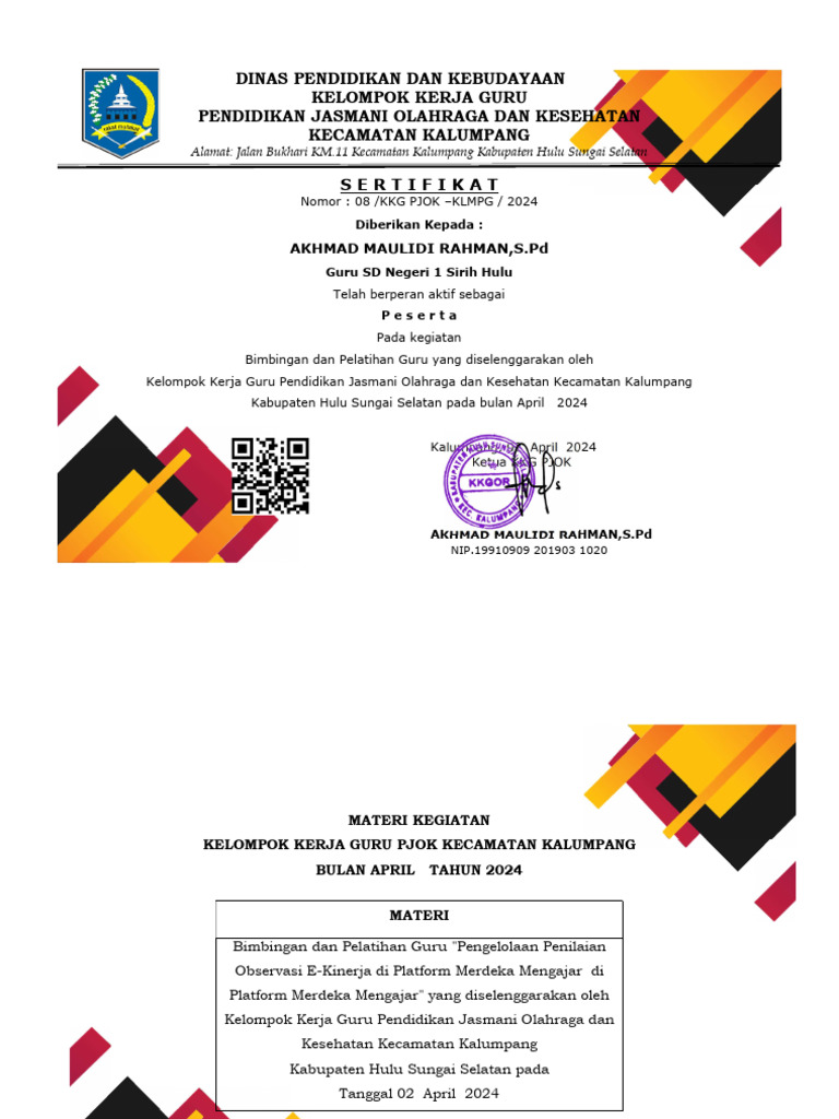 Sertifikat KKG Pjok 2024 | PDF