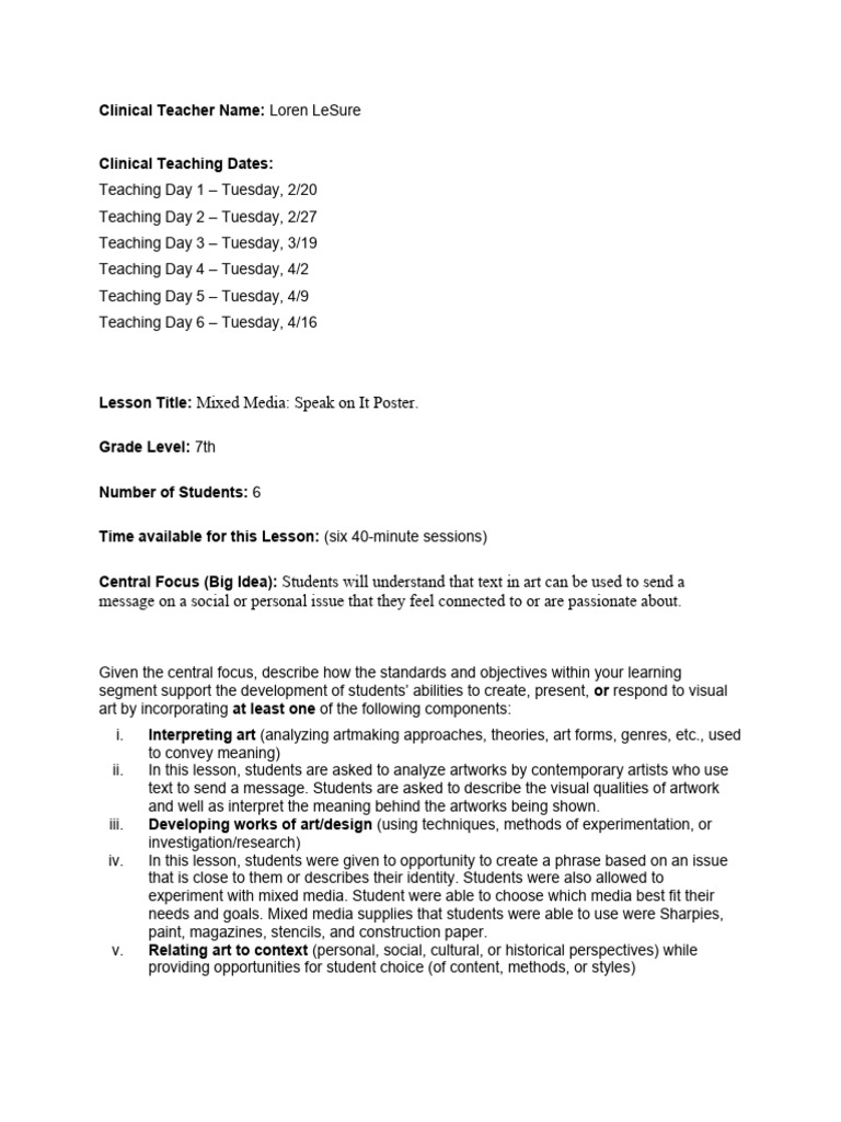 Completed Final LESSON PLAN-Loren LeSure | PDF | Poster | Paintings