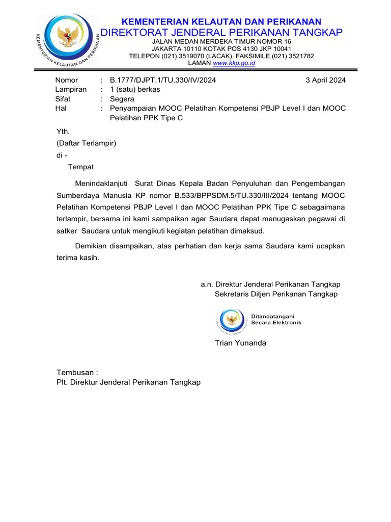 Signed Penyampaian MOOC Pelatihan Kompetensi PBJP Level I Dan MOOC Pelatihan PPK Tipe C ...