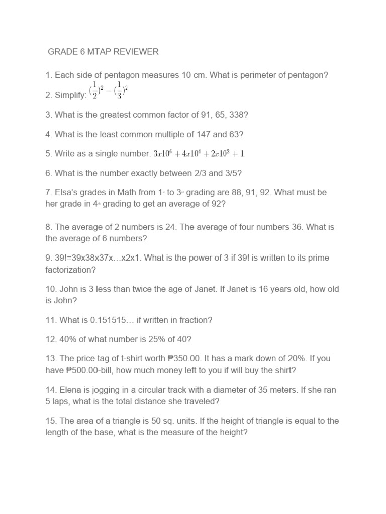 Grade 6 MTAP Reviewer with Answers | PDF