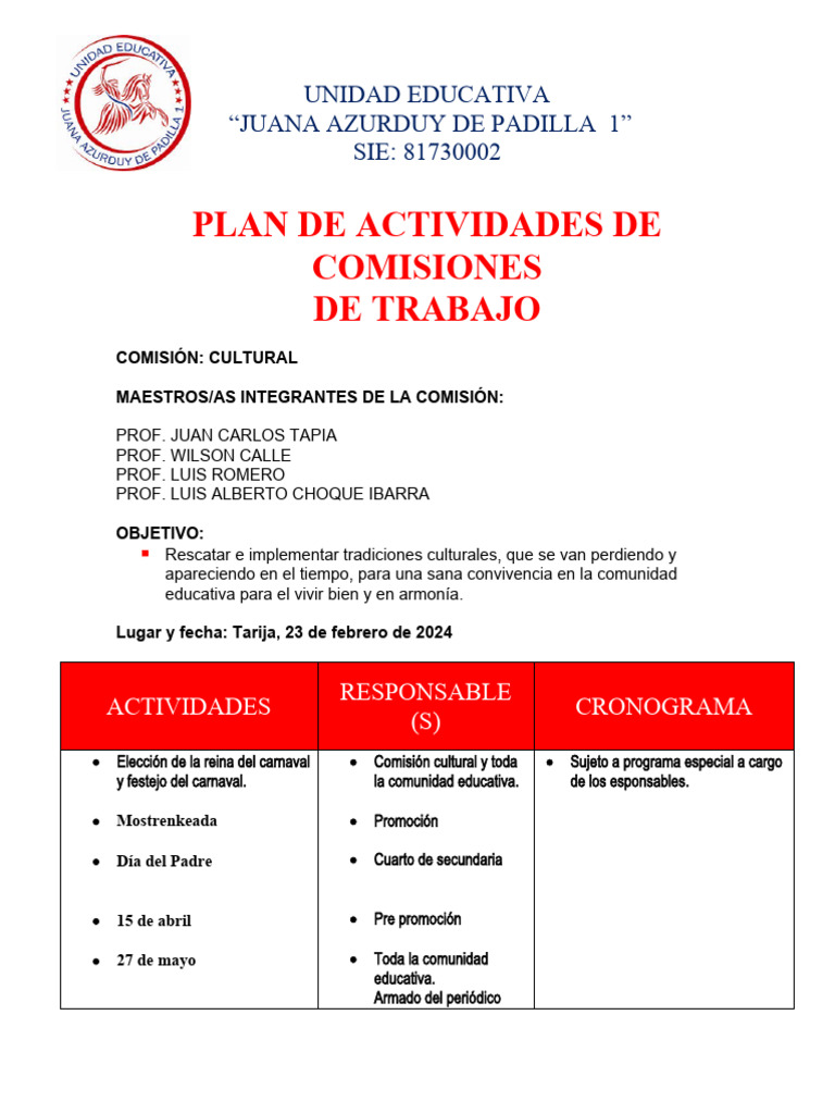 Formato - Plan de Actividades de Comisiones de Trabajo 2024 | PDF