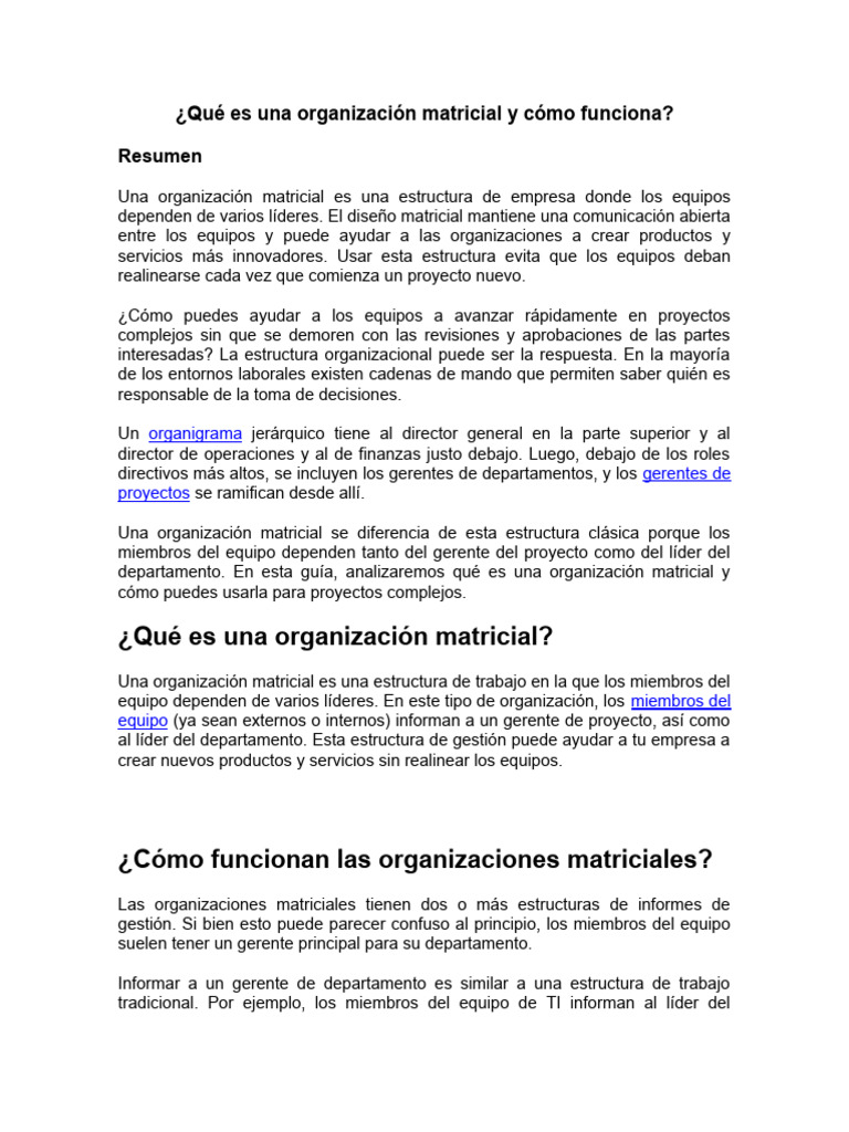 Organización Matricial: Estructura y Ventajas | PDF | Matriz ...