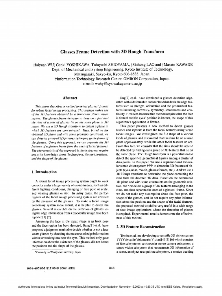 Glasses Frame Detection With 3D Hough Transform | Download Free PDF | Glasses | Euclidean Vector