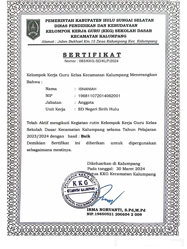 Sertifikat Kkg Guru Kelas 2024 Isnaniah Pdf