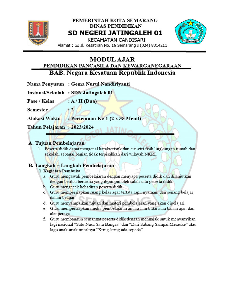 Modul Ajar PPKn Kelas 2 SDN Jatingaleh | PDF