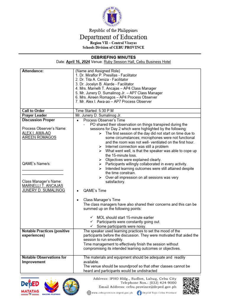 Debriefing Minutes Form - dAY 2 - BATCH 2 | PDF