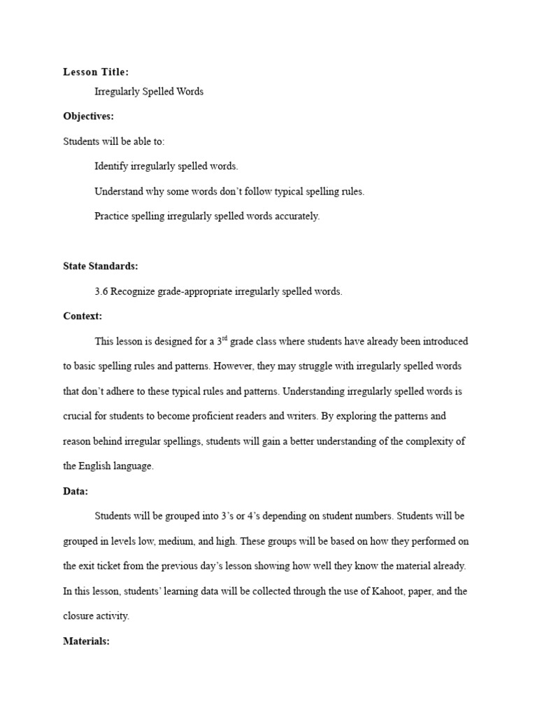 Mastery 5 Lesson Plan Pdf Lesson Plan Spelling