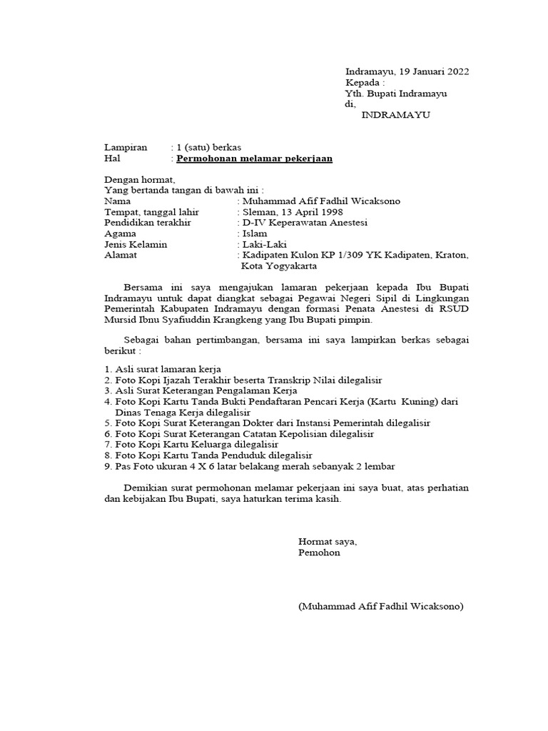 Surat Lamaran Kerja Muhammad Afif | PDF