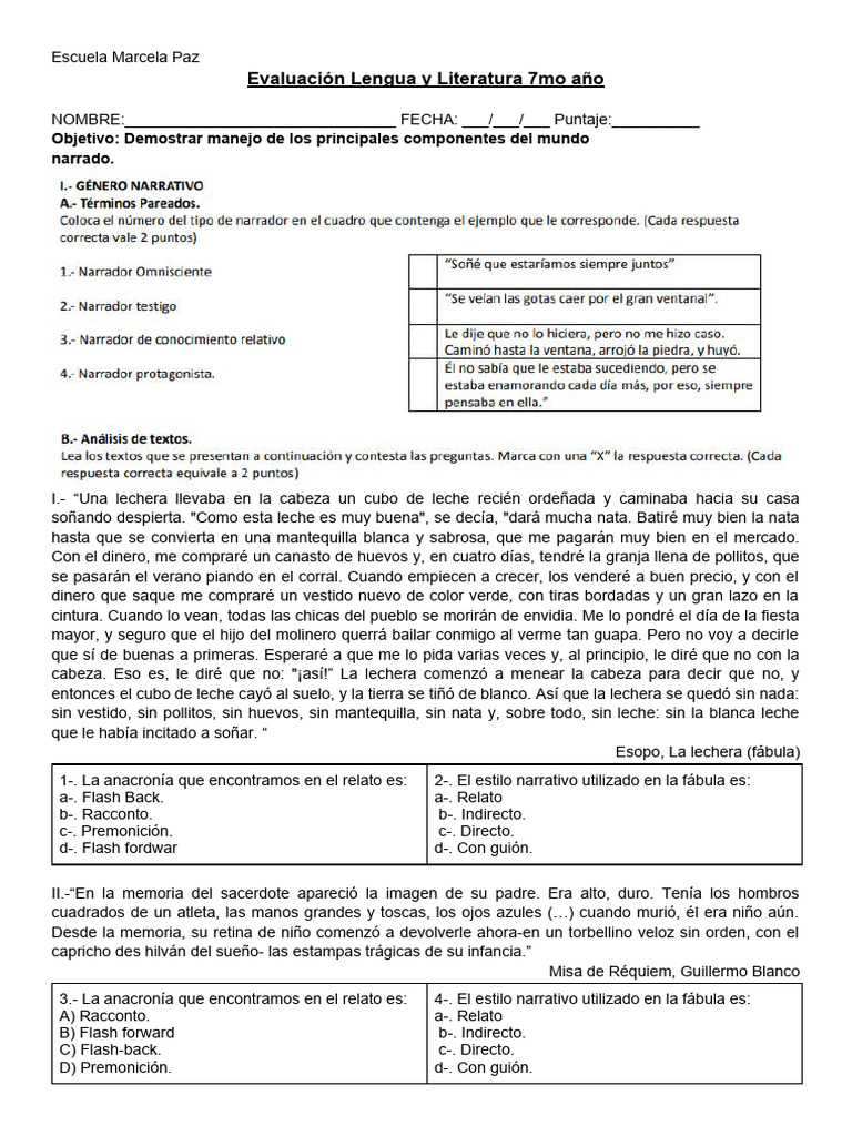Evaluación 7mo Narración Anacronia | PDF