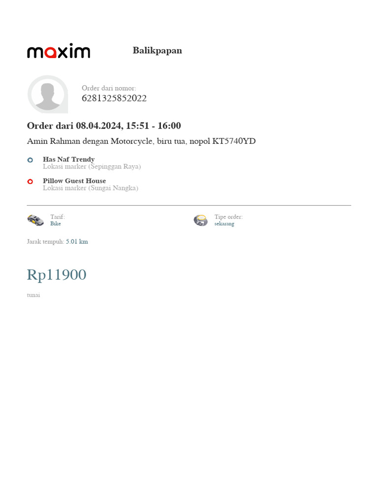 Bukti Bayar Order Maxim Balikpapan | PDF