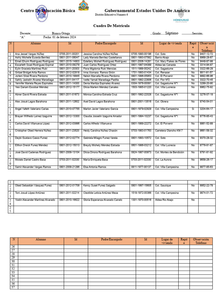 Cuadro de Matricula Septimo A 2024 | PDF