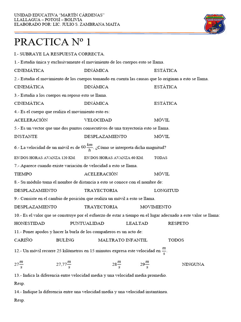 PRACTICA Nº 1 CUARTO | PDF | Velocidad | Cinemática