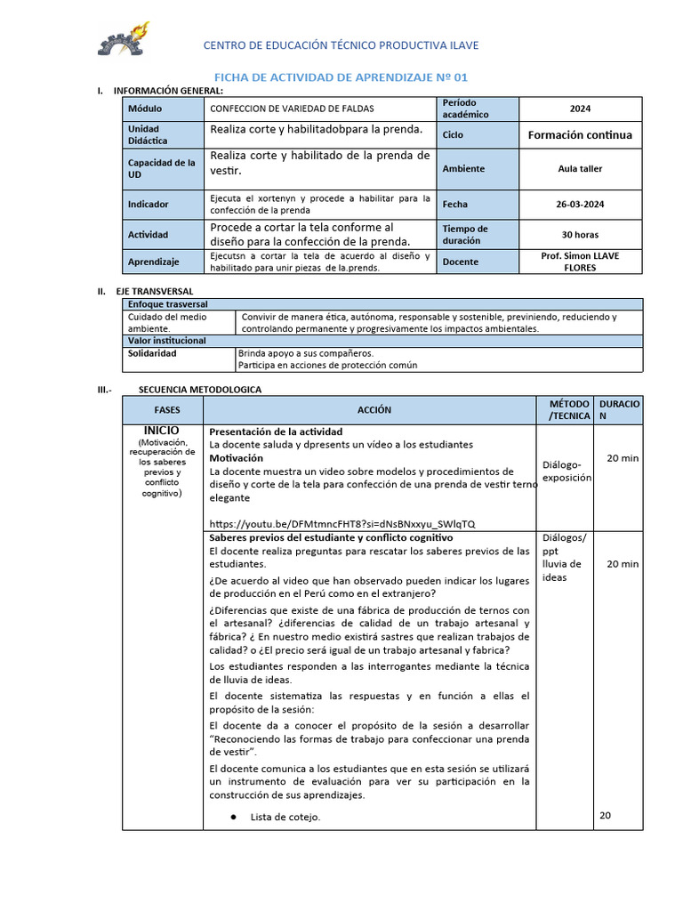 Ficha de Actividad de Aprendizaje - Formato | PDF | Evaluación | Maestros