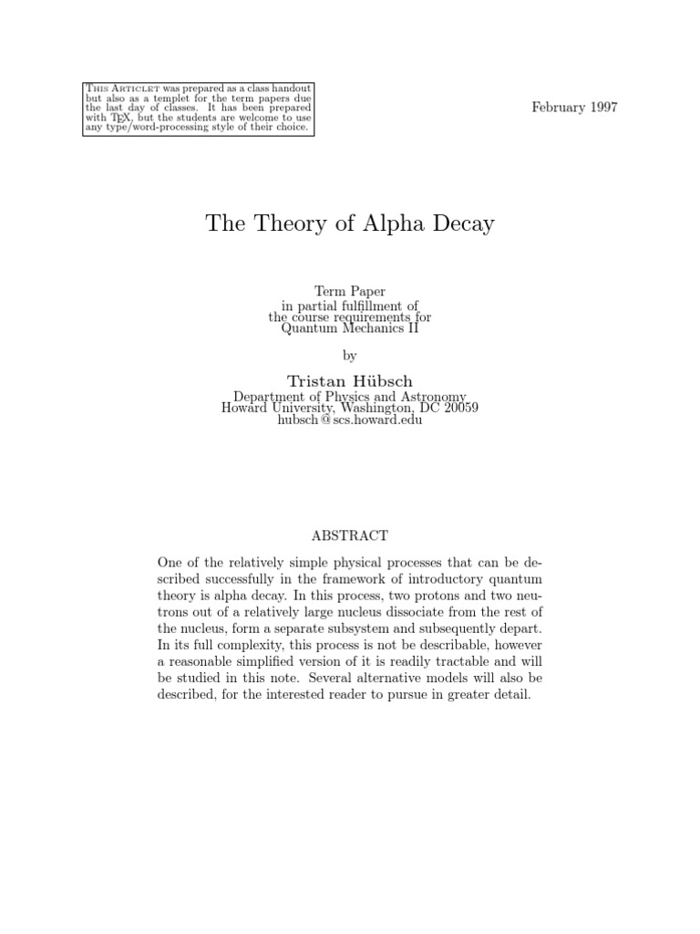 The Alpha Decay Process in a Simplified Quantum Model | PDF | Atomic ...