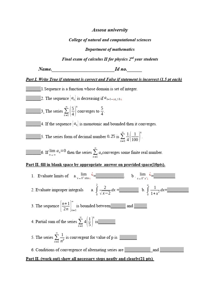 Phy Final Exam | PDF | Sequence | Integral