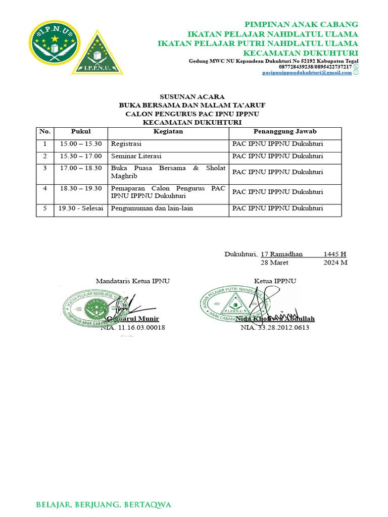 Rundown Acara Bukber dan Malam Ta'aruf Calon Pengurus PAC IPNU IPPNU ...