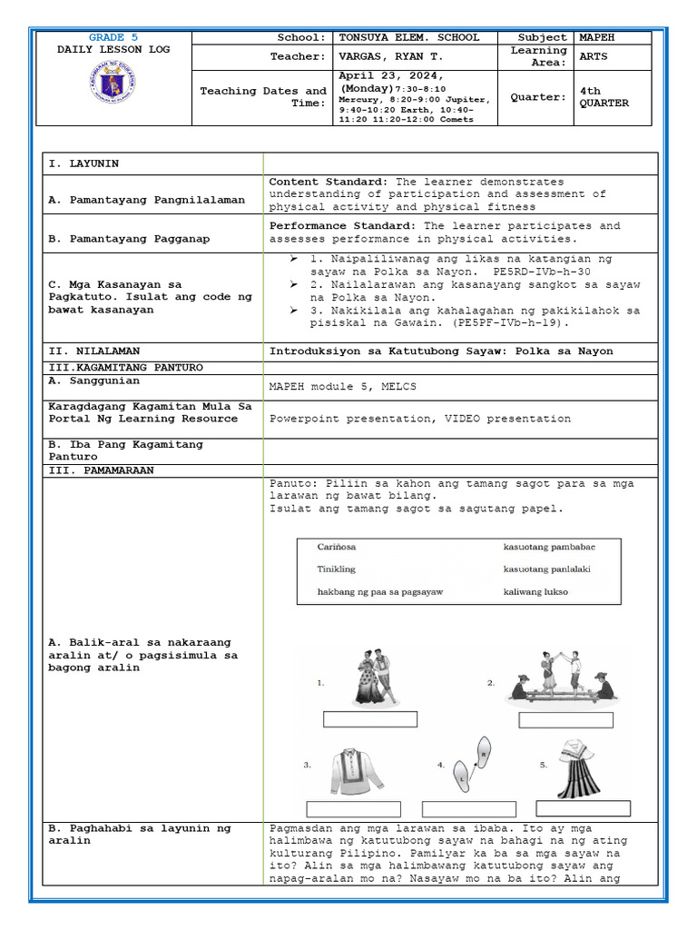 DAILY LESSON PLAN MAPEH 5 - PE 4th Quarter - Introduksyon Sa Polka Sa ...