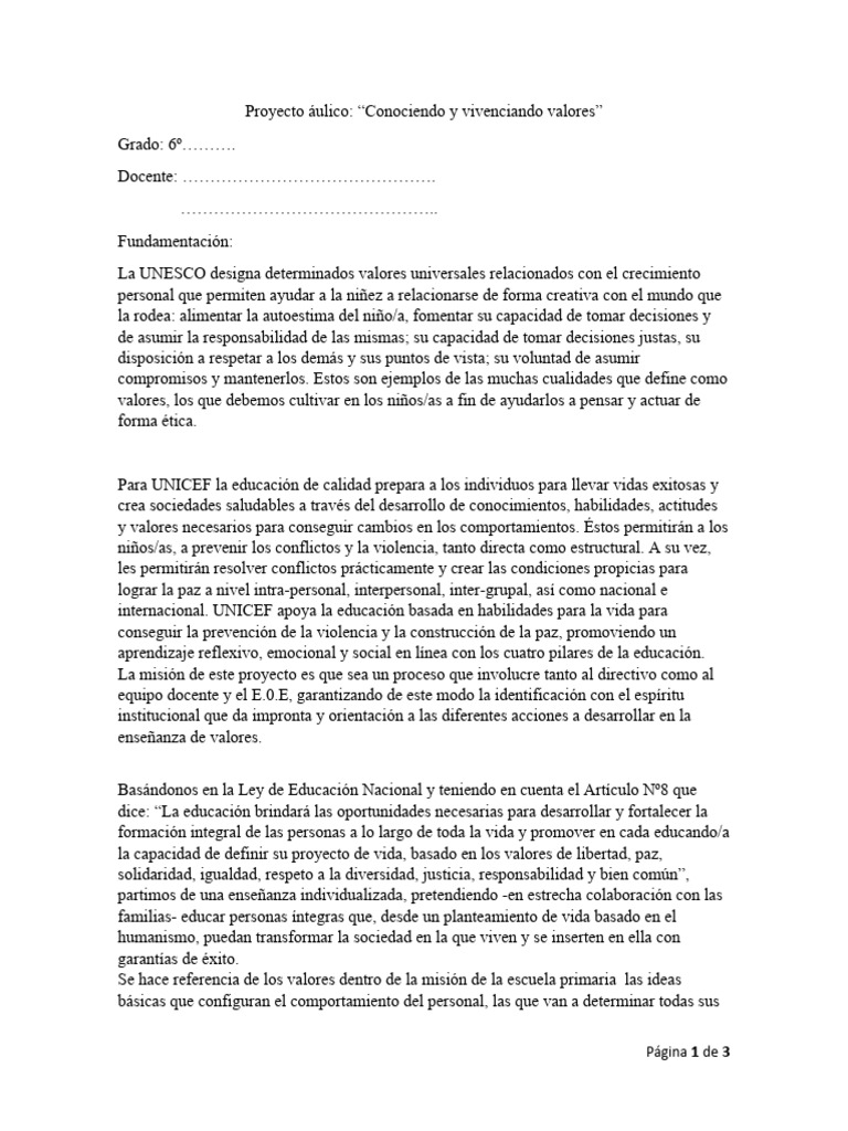 Proyecto de VALORES para 6 º AÑO | PDF | Enseñando | Maestros