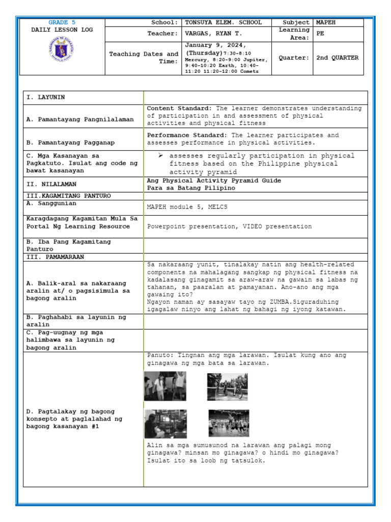 DAILY LESSON PLAN MAPEH 5 2nd Quarter - Ang Physical Activity Pyramid ...