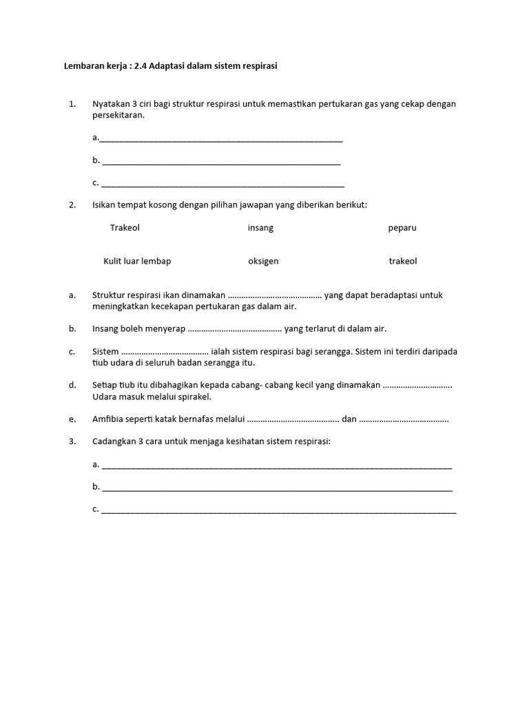 Lembaran Kerja 2.4 Adaptasi Dalam Sistem Resspirasi-Students | PDF