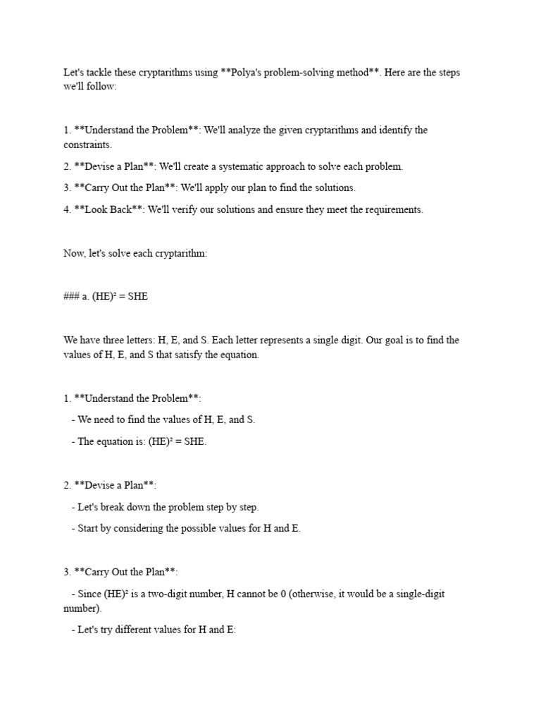 Solving Cryptarithms with Polya's Method | PDF | Equations | Applied ...
