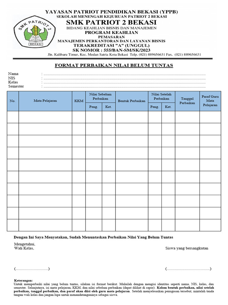 Format Perbaikan Nilai Raport | PDF