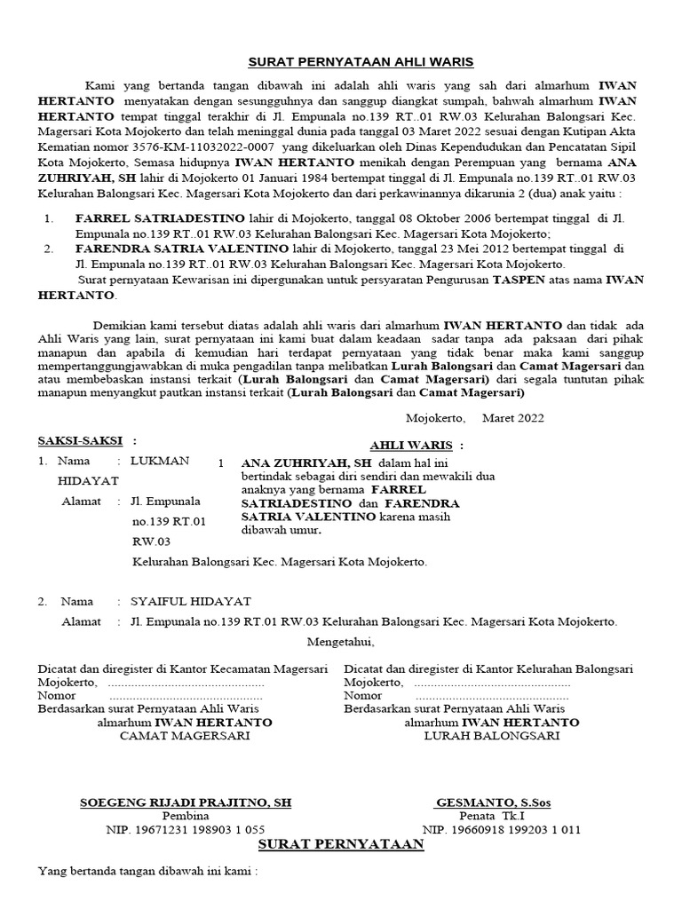 Surat Pernyataan Ahli Waris IWAN HERTANTO | PDF