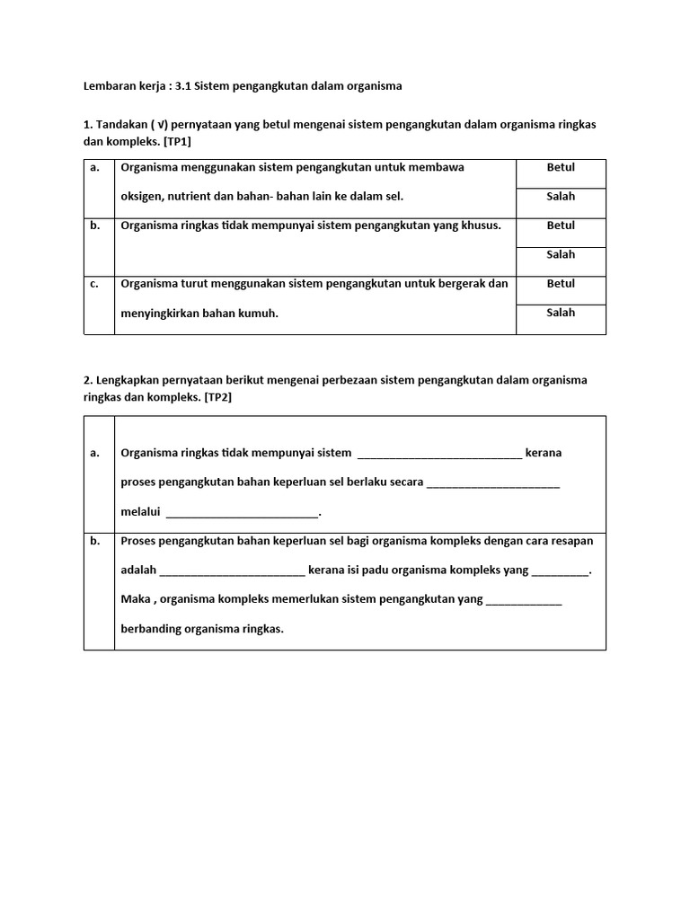 Lembaran Kerja 3 1 Sistem Pengangkutan Dalam Organisma Pdf