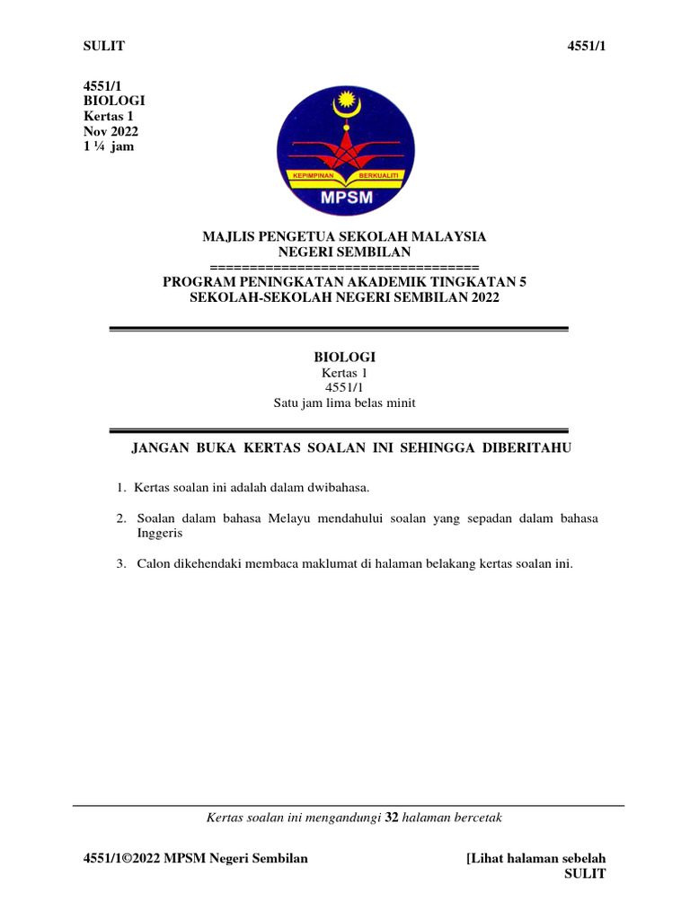 Kertas 1 Biologi N9 2022 | PDF