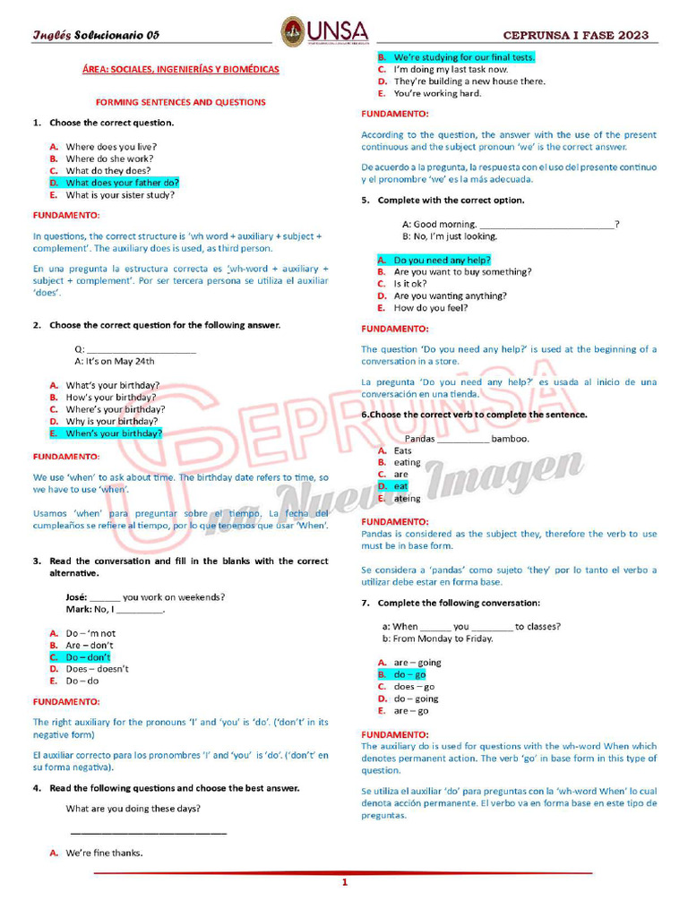 Practica #05 Solucionario Inglés - Ceprunsa I Fase 2023 | PDF