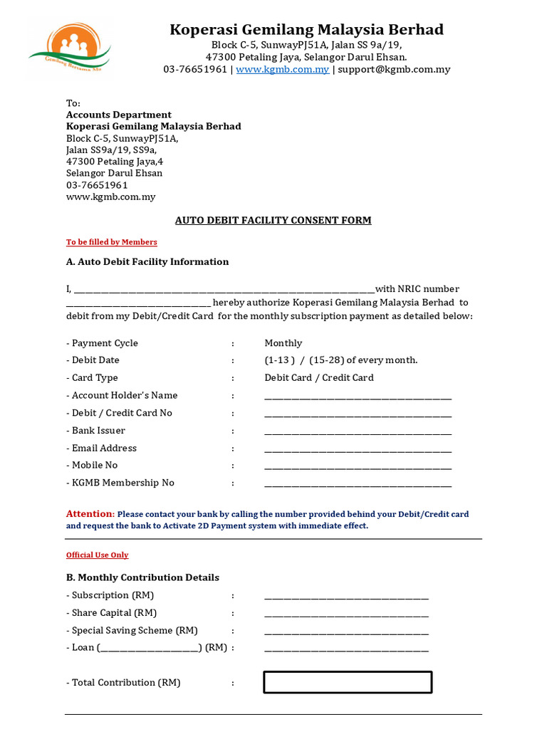 Auto Debit Form | PDF | Debit Card | Credit Card