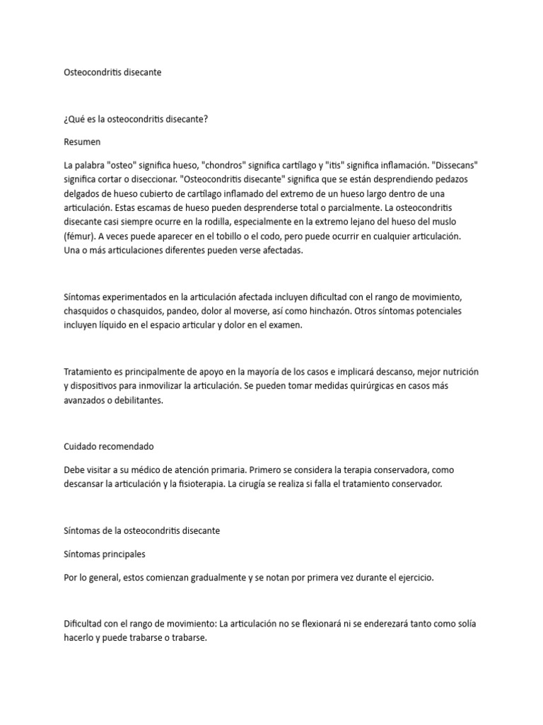 Osteocondritis Disecante: Síntomas y Tratamiento | PDF | Enfermedades y ...