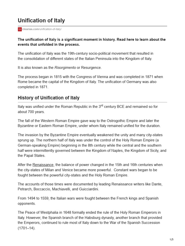 Unification of Italy: Key Events and Figures | PDF | Italy | Europe