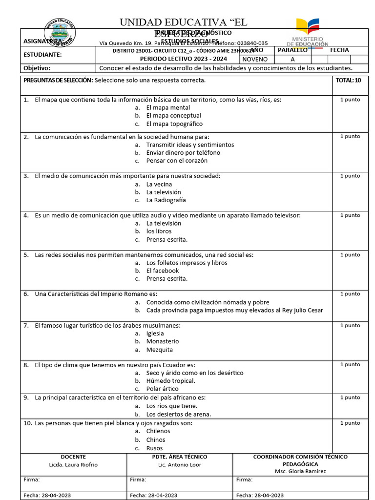 Prueba Diagnostico Eess 9no | PDF