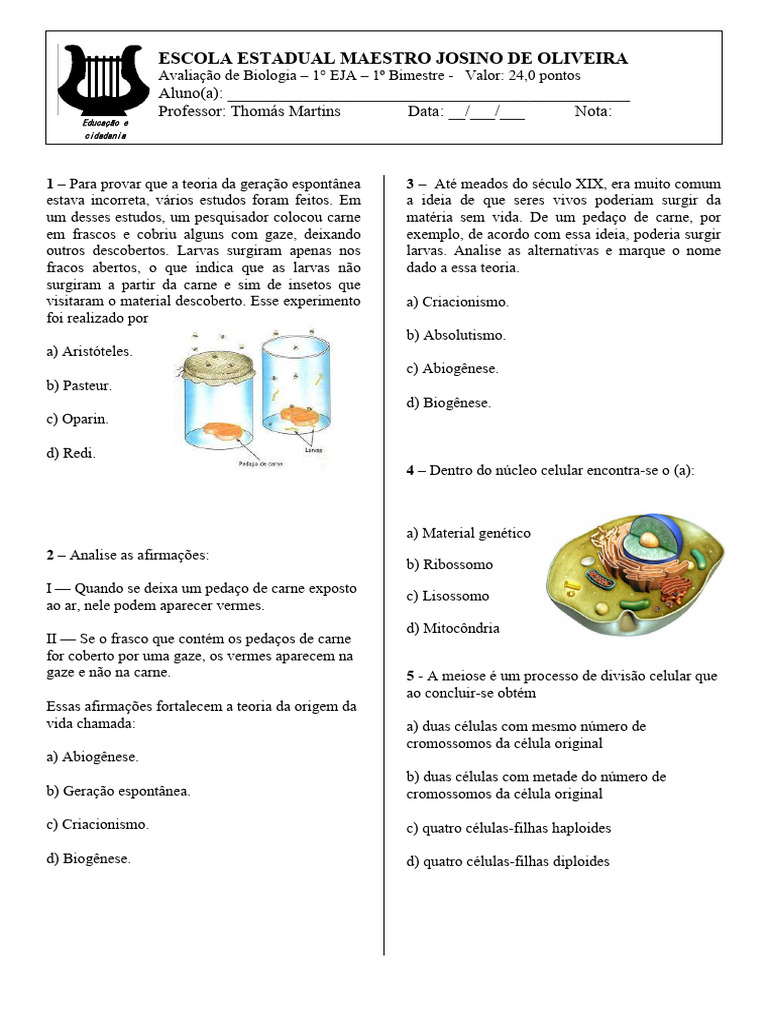 Avaliação CÉLULA | PDF | Célula (Biologia) | Ploidia