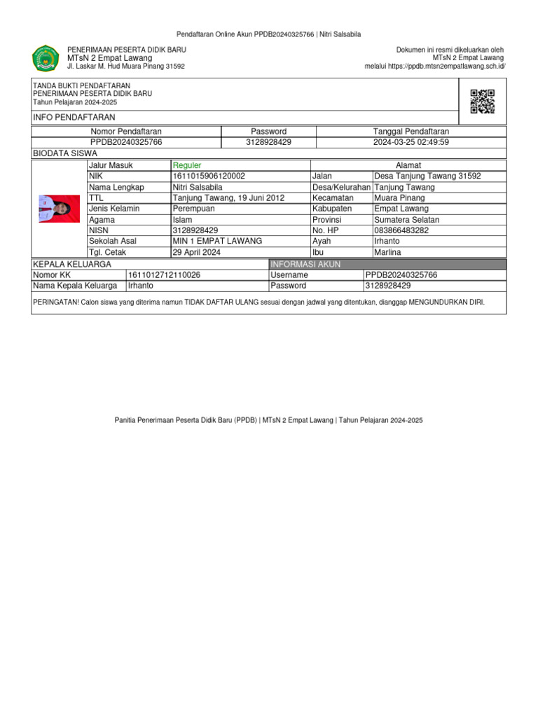Kartu Pendaftaran Contoh Untuk PPDB | PDF
