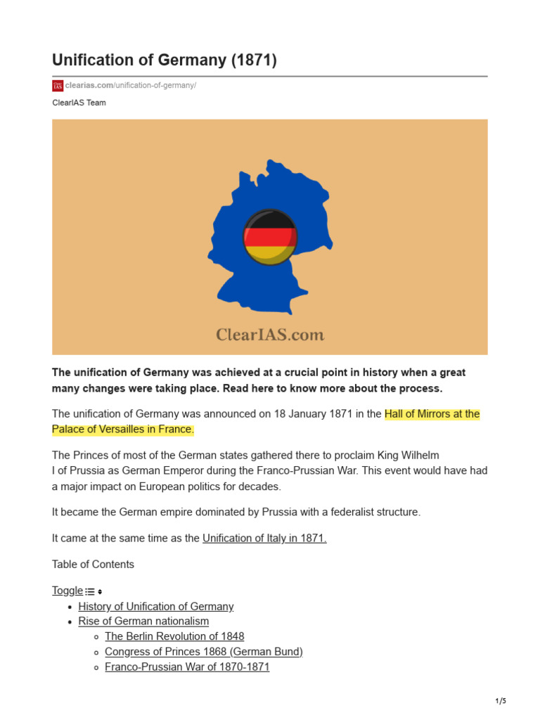 Unification of Germany 1871 | PDF | German Empire | Kingdom Of Prussia