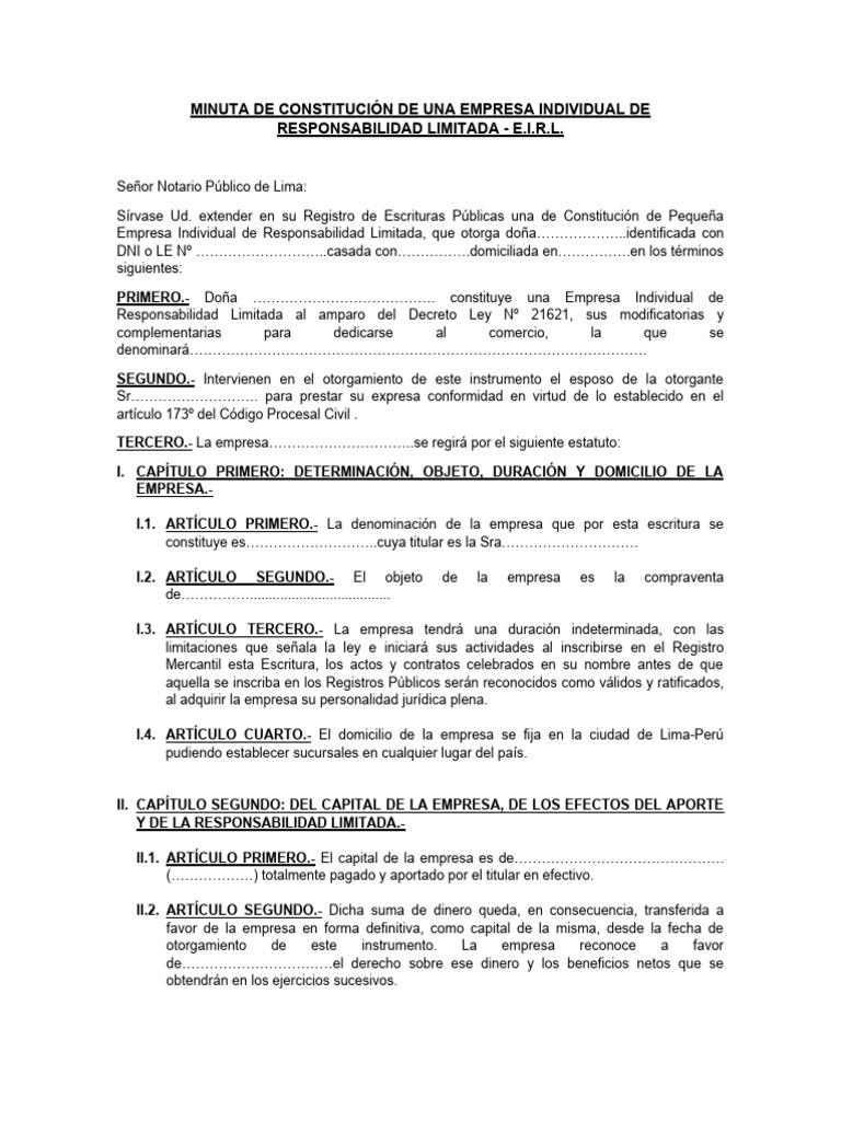 Minuta de Constitución de Una Empresa Individual de Responsabilidad Limitada | PDF | Business ...