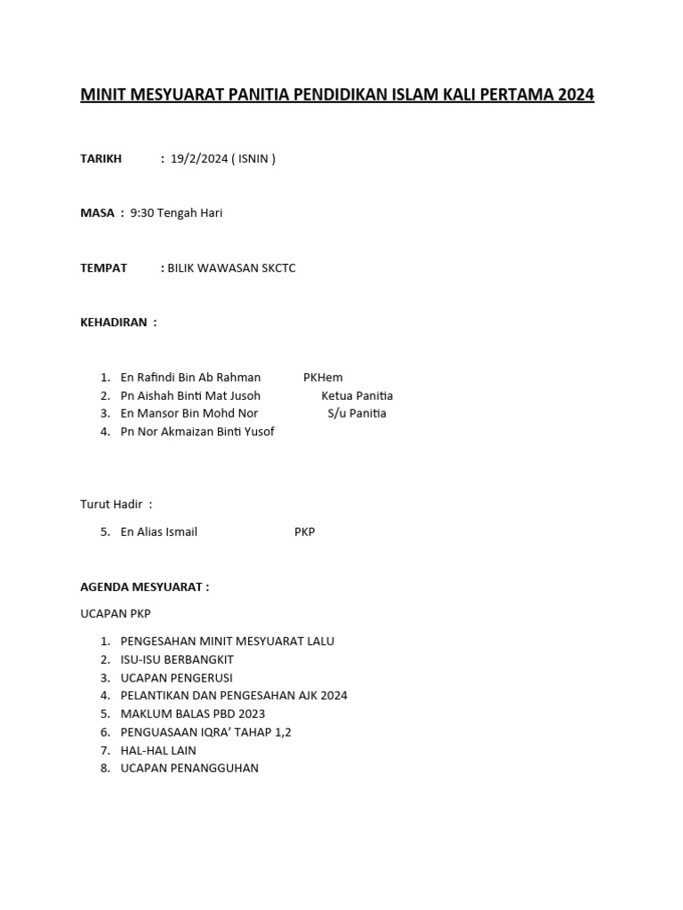 Minit Mesyuarat Panitia 2024 | PDF