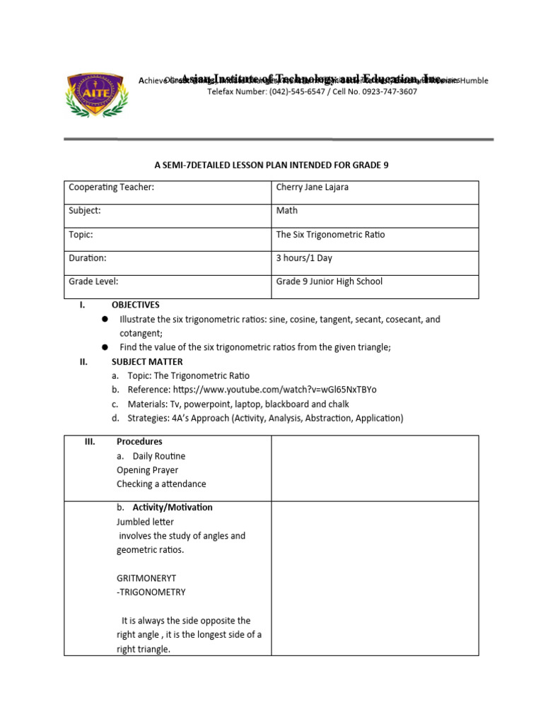 Grade 9 Trigonometric Ratios Lesson Plan | PDF | Trigonometric ...