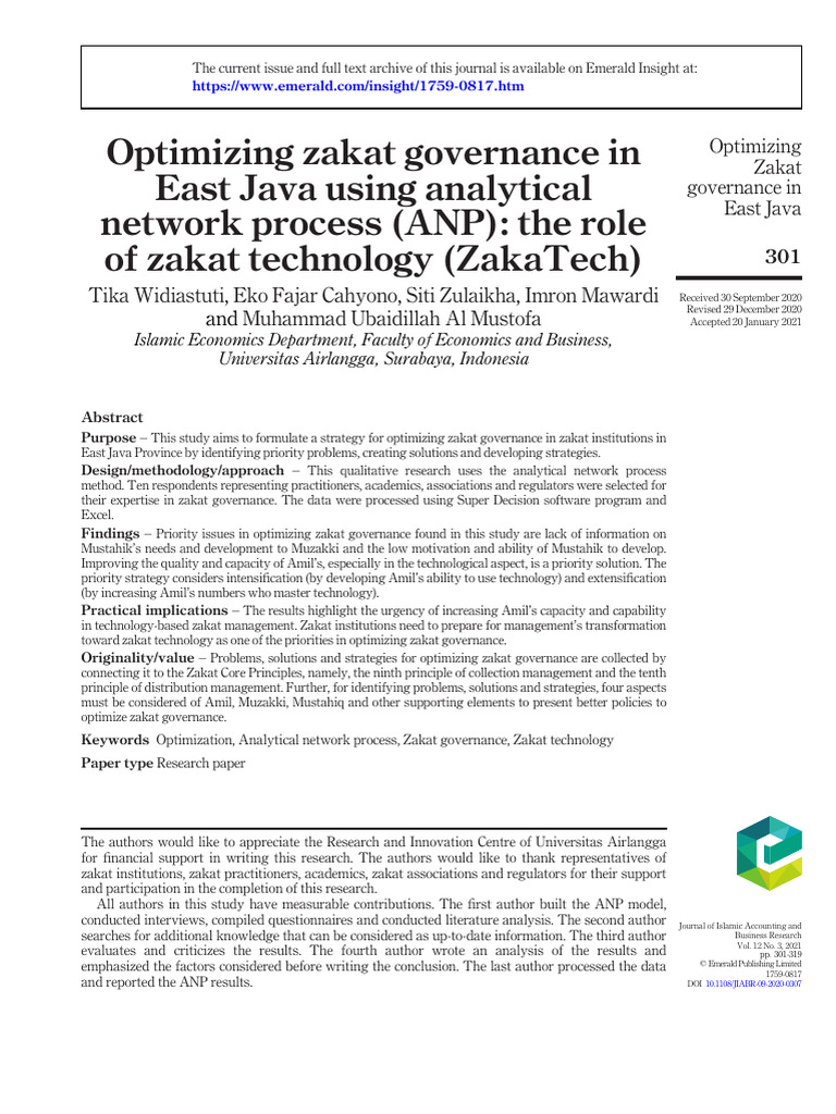 Widiastuti, dkk (2021) Optimizing zakat governance in East Java using analytical network process ...