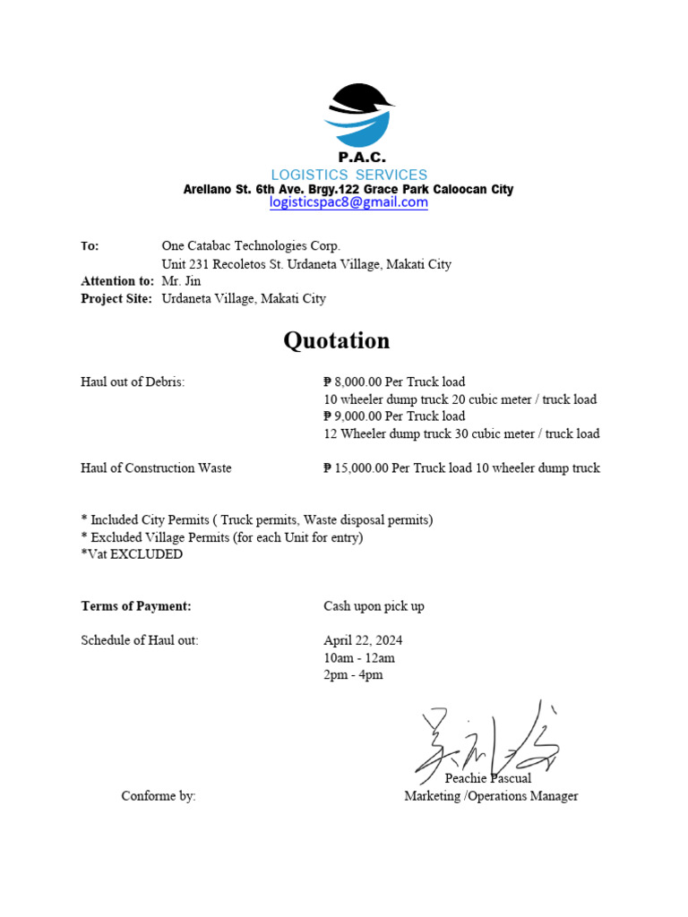 Construction Waste Hauling Quotation | PDF