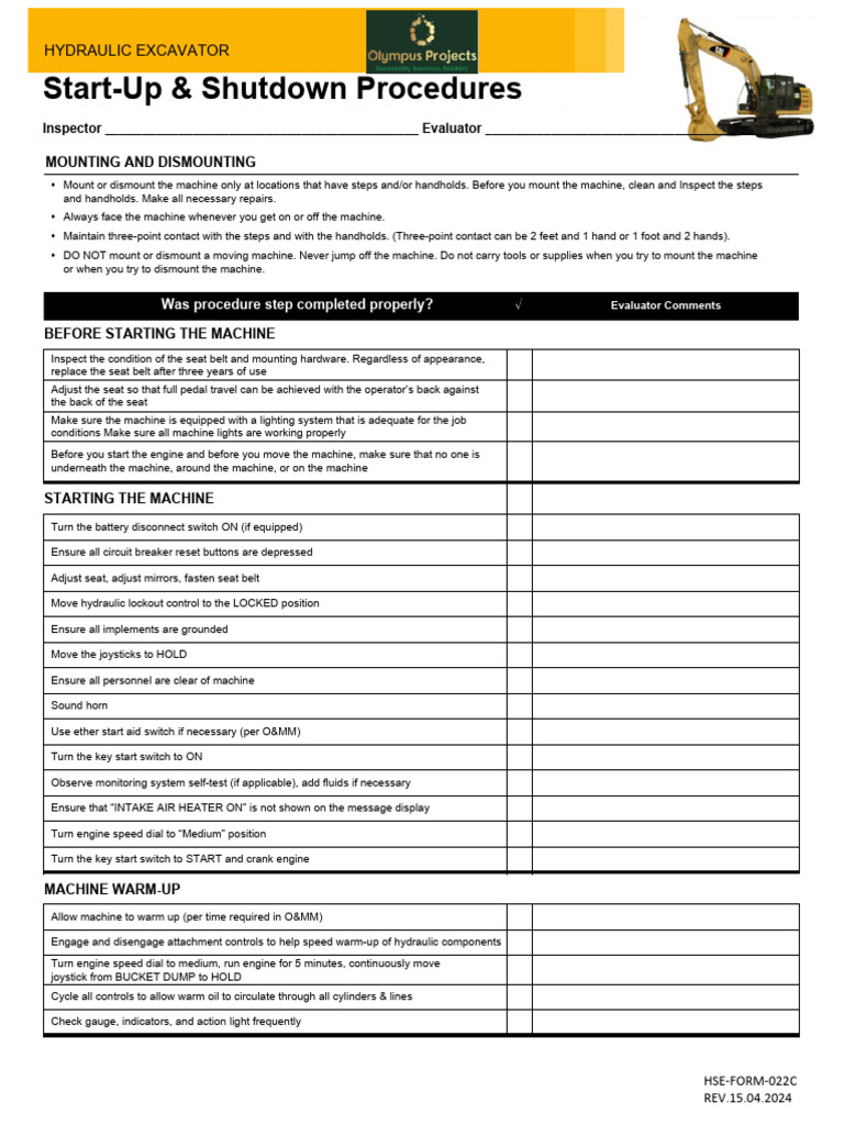 HEX - HYDRAULIC EXCAVATOR - Start-Up & Shutdown | PDF | Engines | Machines
