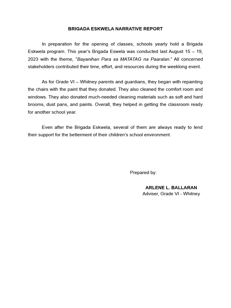 Brigada Eskwela Narrative Report | PDF