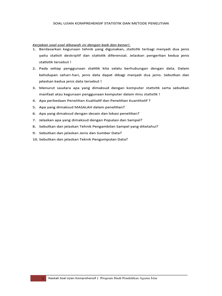Soal Ujian Komprehensif Statistik Dan Metode Penelitian | PDF