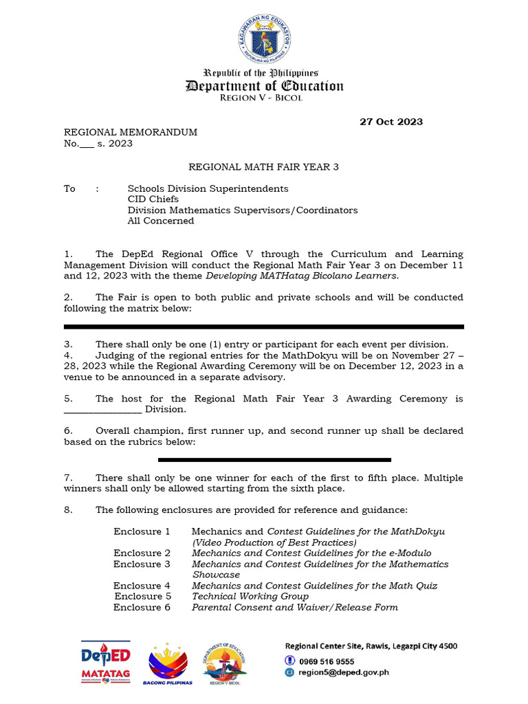 Draft Memo REGIONAL MATH FAIR YEAR 3 | PDF | Mathematics | Multiple Choice