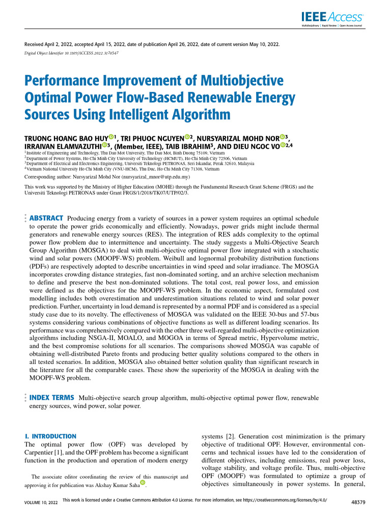 Performance Improvement of Multiobjective Optimal Power Flow-Based Renewable Energy Sources ...