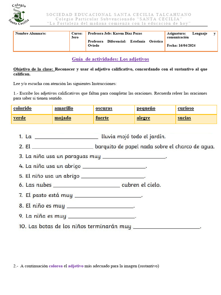 Guía de actividades 3ero adjetivos calificativos | PDF | Adjetivo